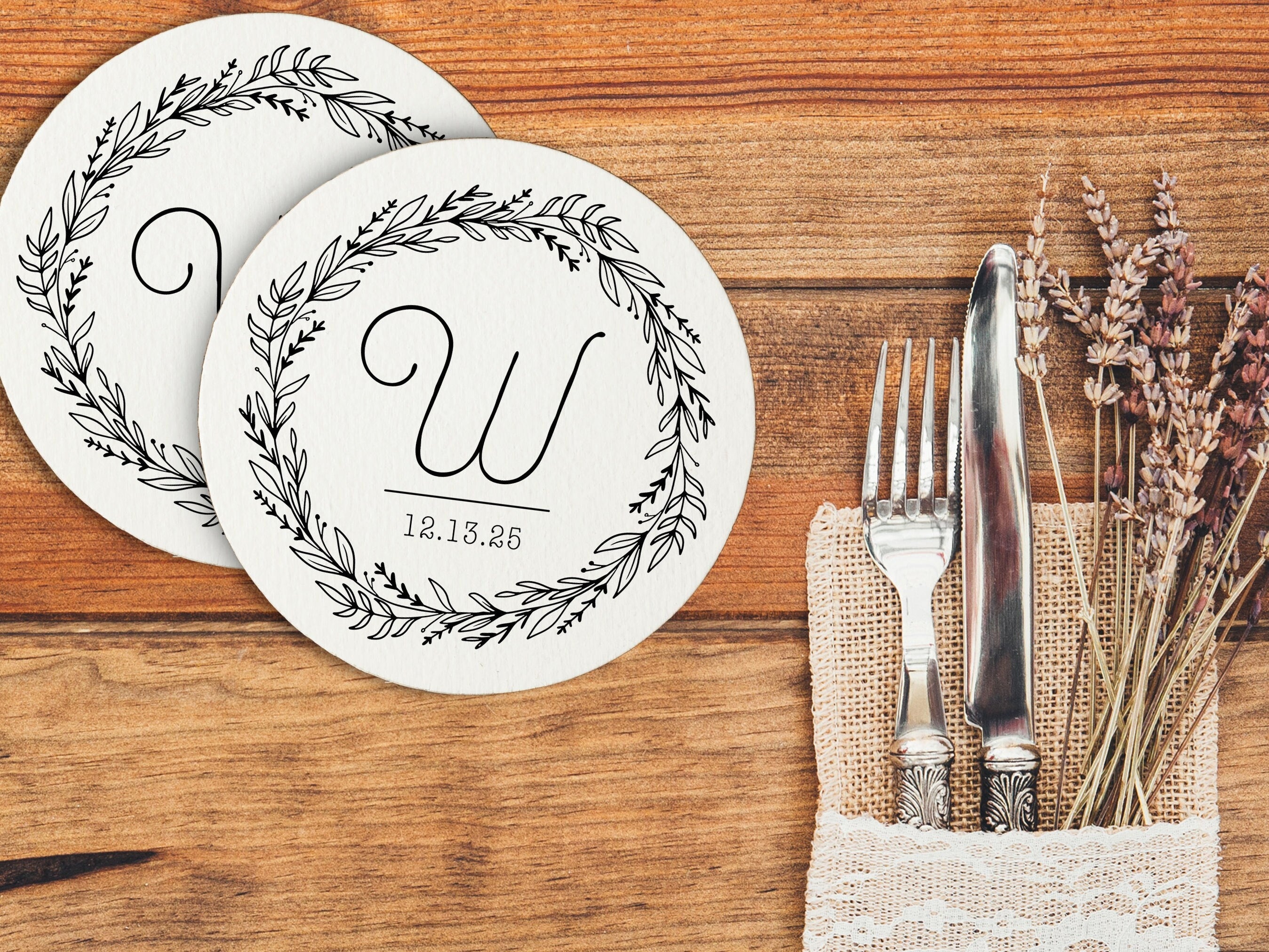 Floral Wreath Monogrammed Wedding Coasters — All Custom Gifts